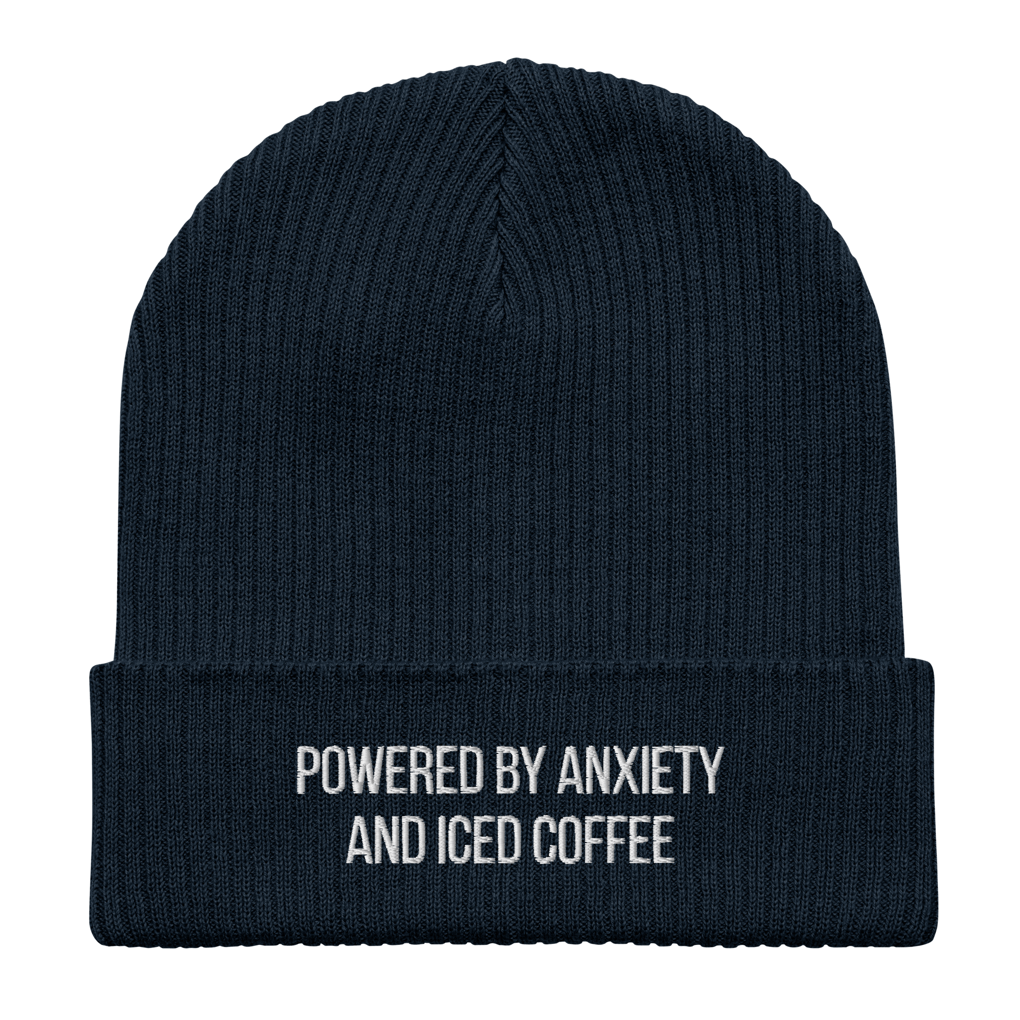 "Powered By Anxiety & Iced Coffee" Beanie | Organic Cotton Sarcastic ...